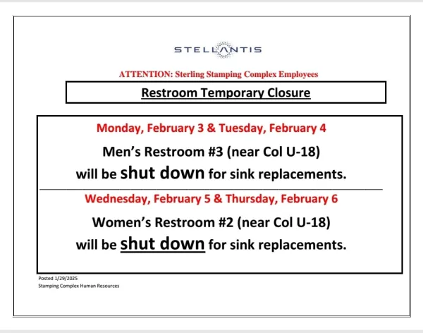 Temporary Restroom Closure - Feb. 3 - 6. Sterling Stamping | UAW Local 1264